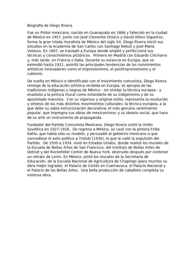 Biografía de Diego Rivera: Artista y Muralista | PDF