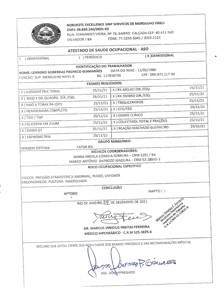 Atestado de Saúde Ocupacional - Aso | PDF