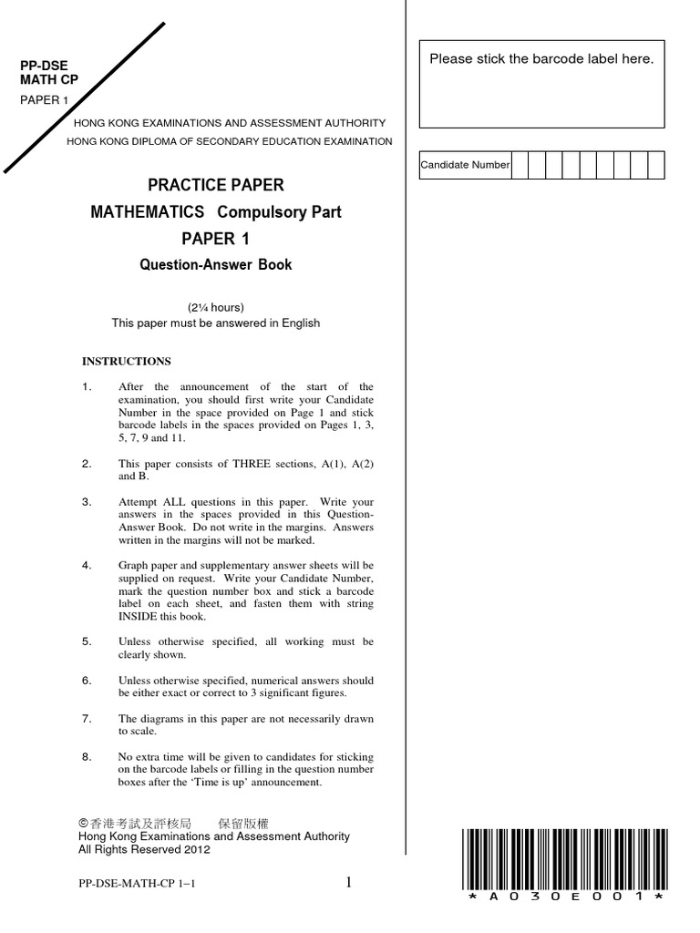 Practice Paper MATHEMATICS Compulsory Part Paper 1: Question-Answer ...