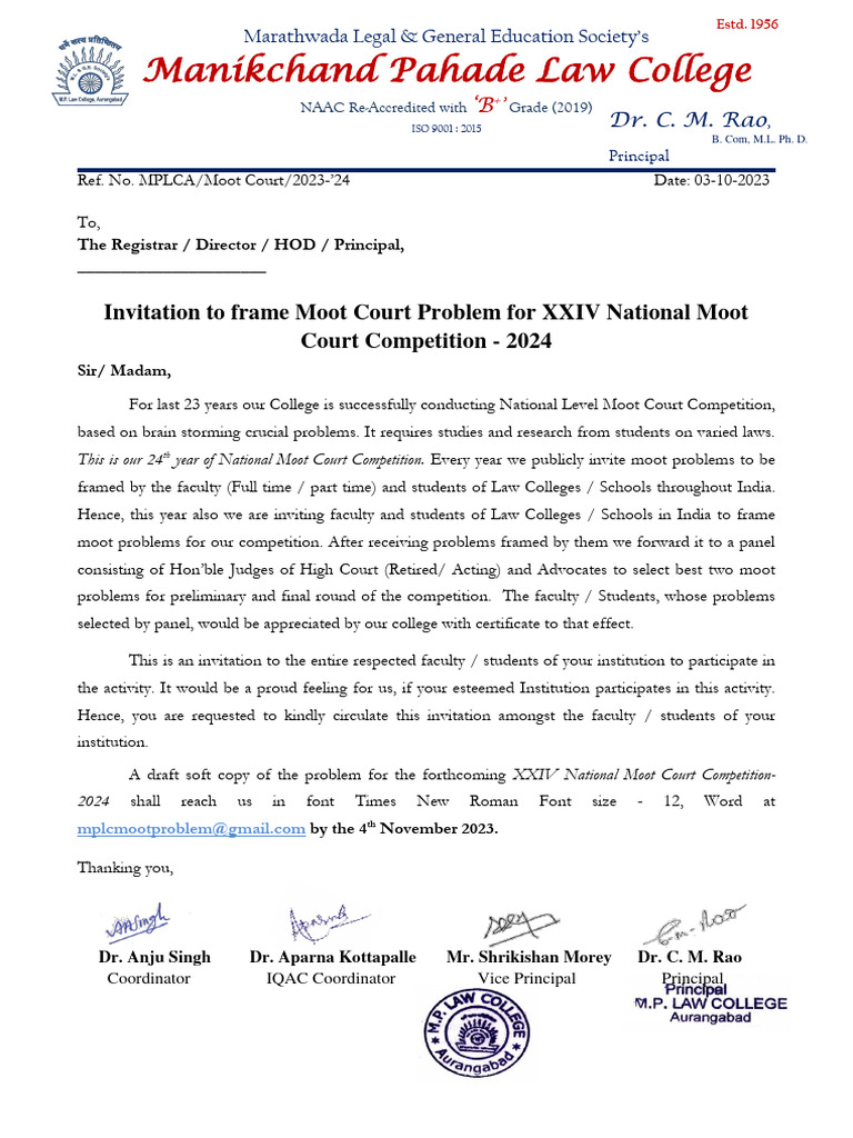 Invitation for Moot Court Problems 2024 | PDF | Judiciaries | Justice