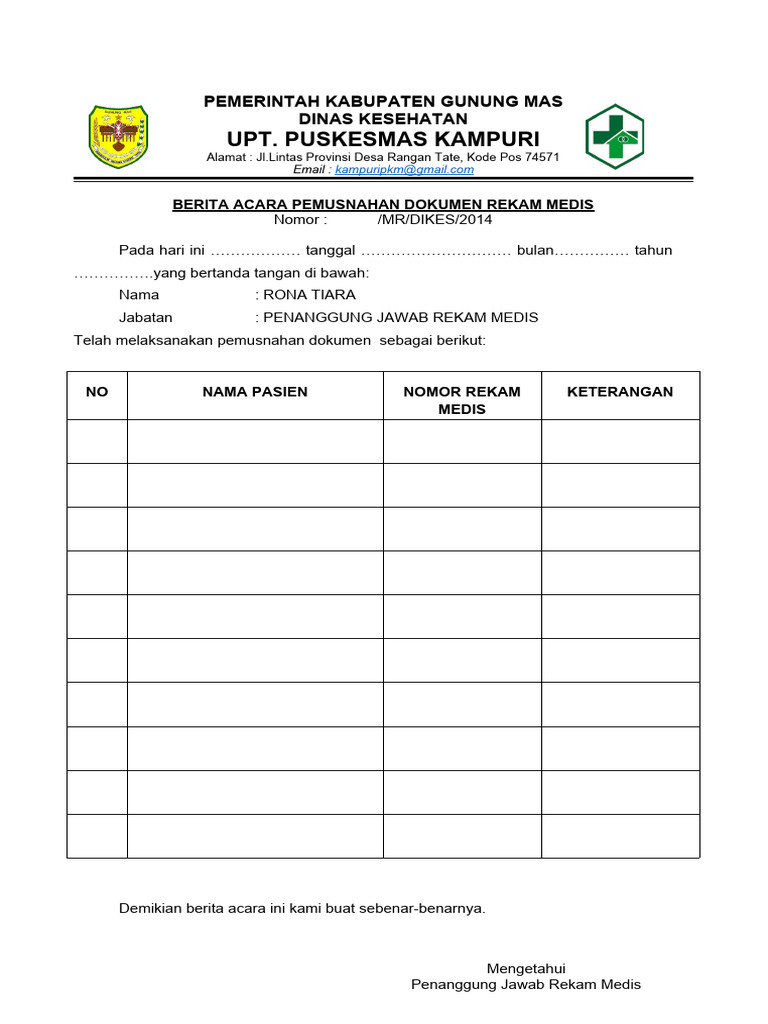 Contoh Form Pemusnahan Rekam Medis | PDF