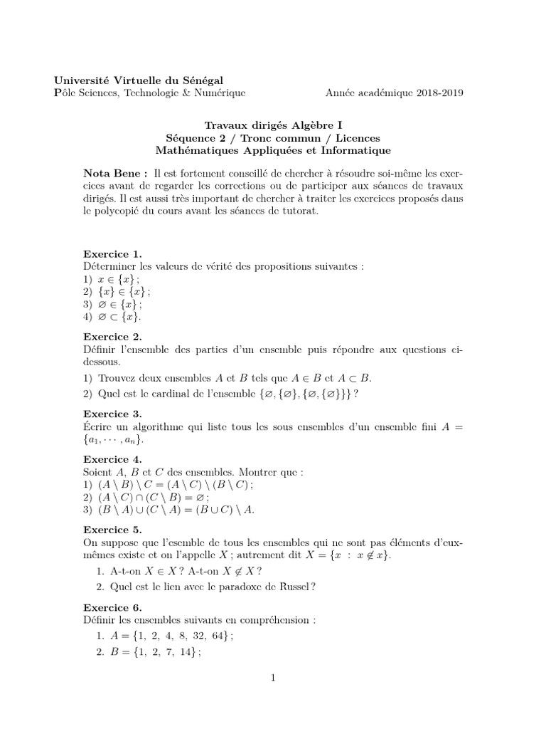 TD Sequence 2 Algebre | PDF | Inclusion (mathématiques) | Ensemble vide