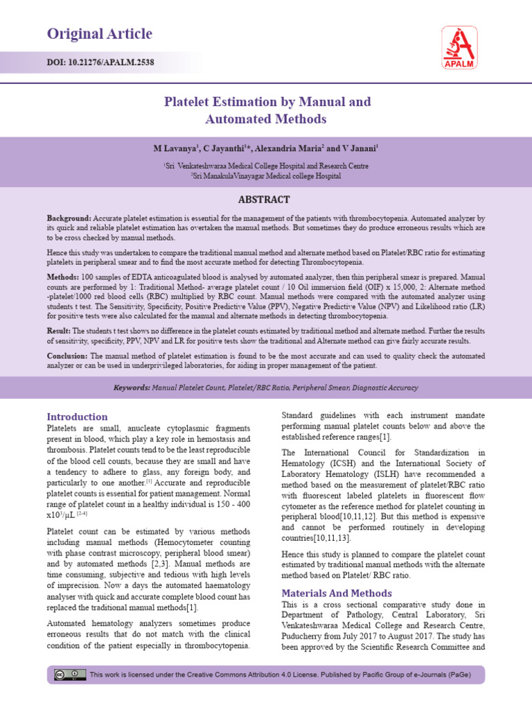 Platelet Estimation By Manual And Automation Pdf Platelet Sensitivity And Specificity