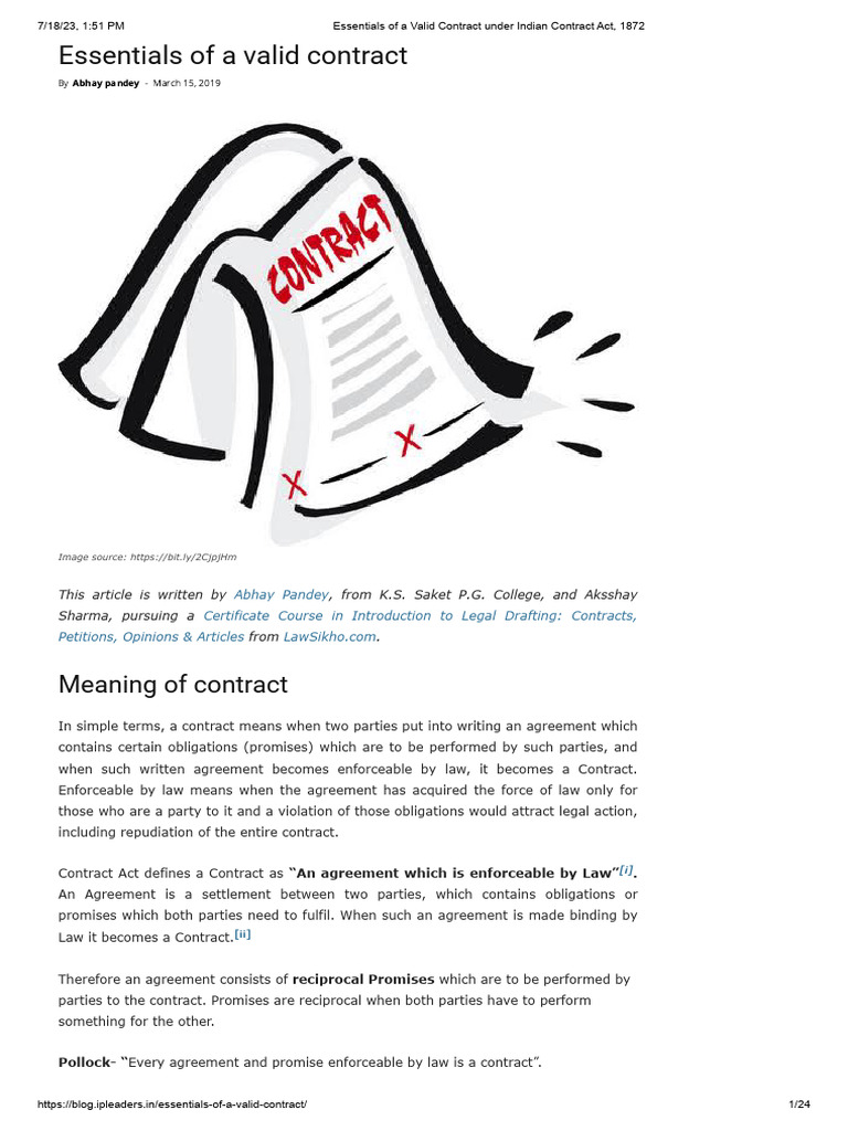 Essentials of A Valid Contract Under Indian Contract Act, 1872 | Download Free PDF ...