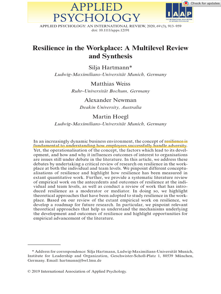 Applied Psychology - 2019 - Hartmann - Resilience in The Workplace A Multilevel Review and ...