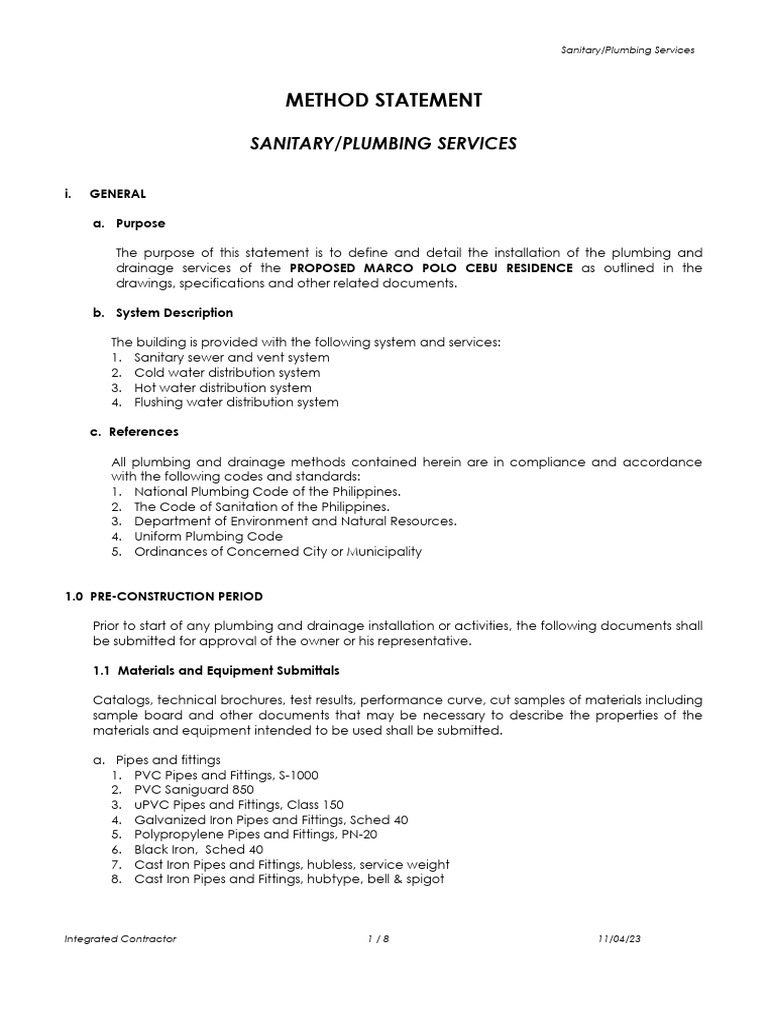 Sanitary Plumbing Method of Statement - Marco Polo Cebu | PDF