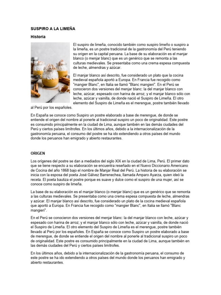 Historia y Origen del Suspiro Limeño | PDF | Postres | Preparación de ...
