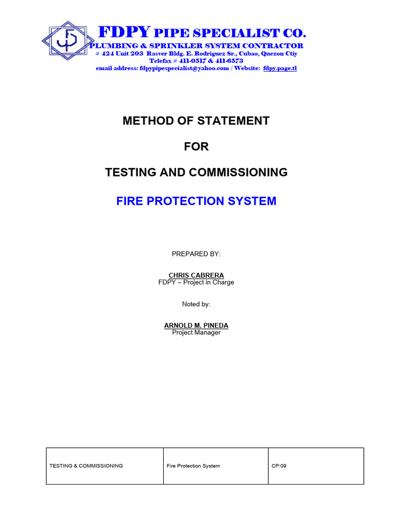Fire Protection Method of Statement - Juan Luna | PDF | Fire Sprinkler ...