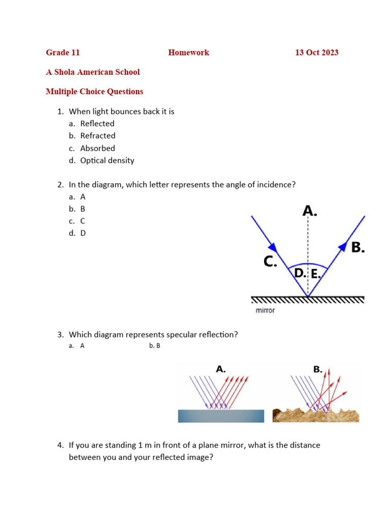 Reflection Homework Sas Grade 11 Pdf Mirror Reflection Physics