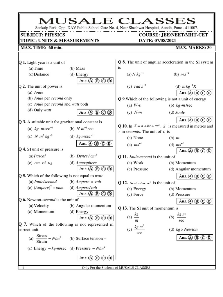 Units & Measurements Q&A for JEE/NEET | PDF | Science & Mathematics