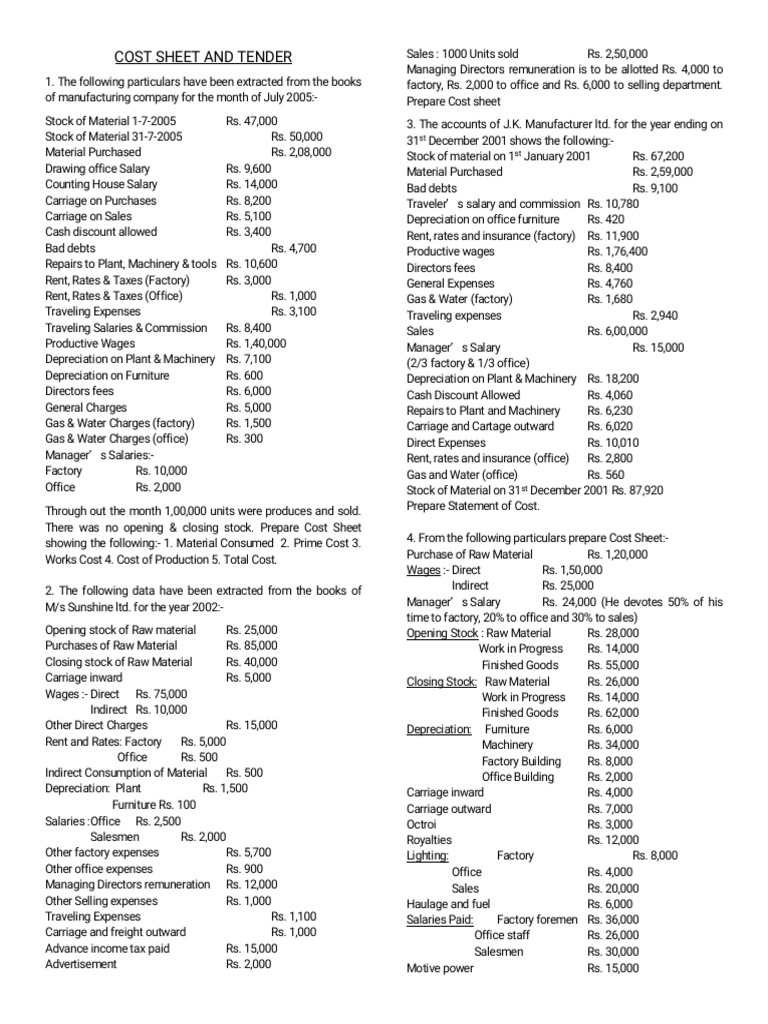 Cost Sheet and Tender | PDF