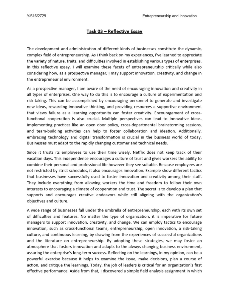 Task 3 - Reflective Essay | PDF | Entrepreneurship | Creativity
