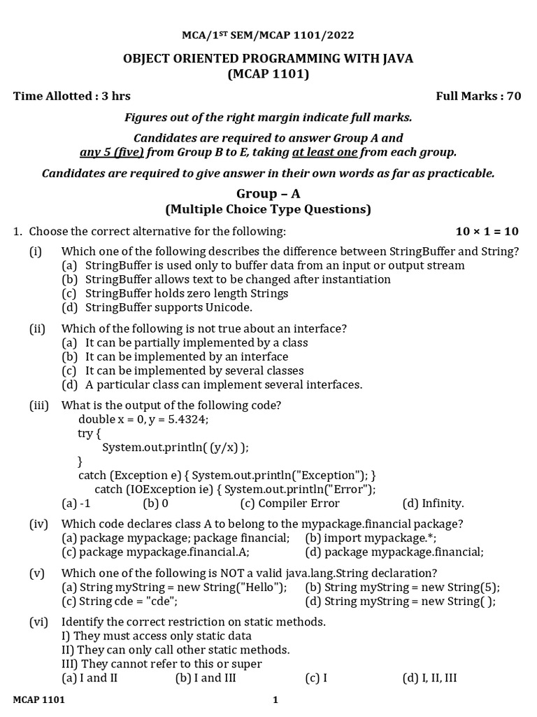 22 Java Object Oriented Programming With Java Mcap 1101 2022 S Pdf