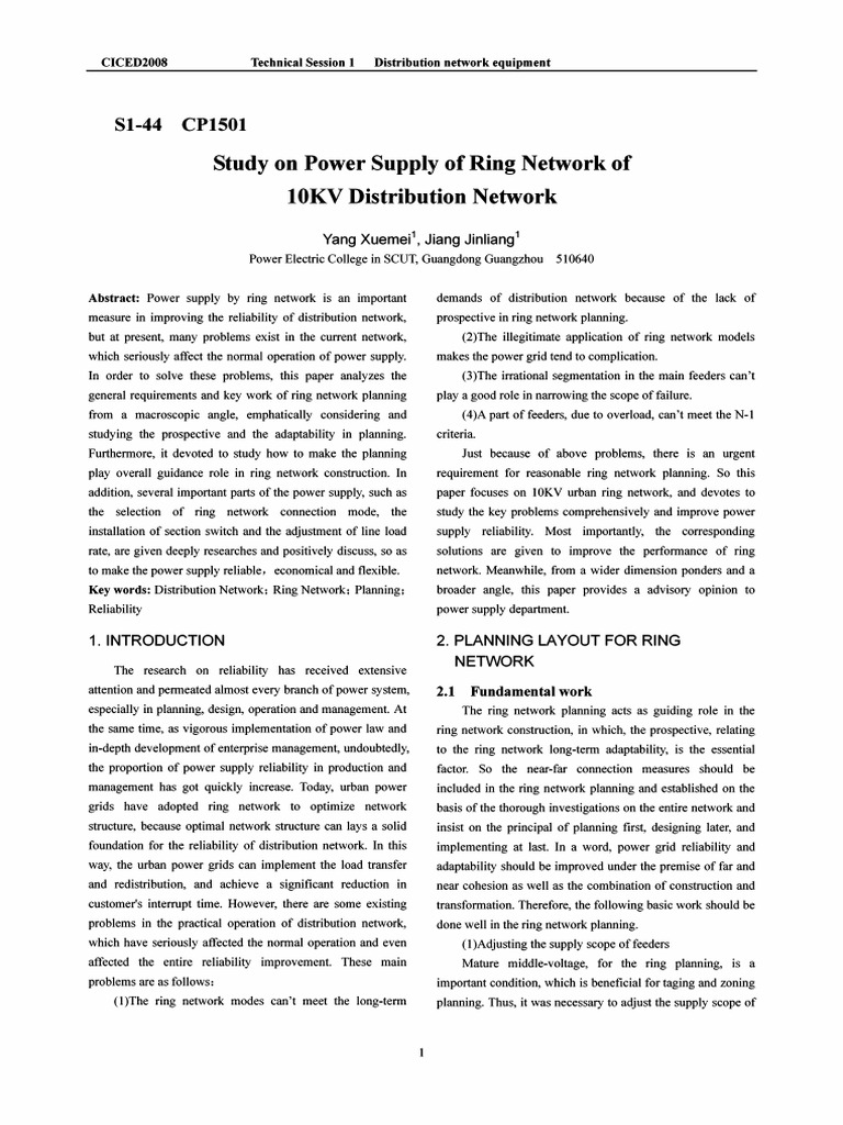 Study On Power Supply of Ring Network of lOKV Distribution Network ...