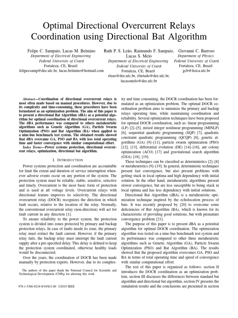 Optimal Directional Overcurrent Relays Coordination Using Directional Bat Algorithm | PDF ...