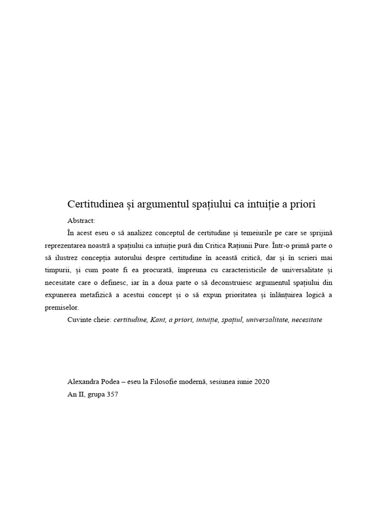 ALEXANDRA PODEA, 357, ESEU FILOSOFIE MODERNA 2020 KANT CERTITUDINE ȘI ...