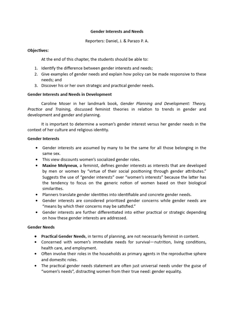 Gender Interests and Needs Report Outline | PDF | Gender | Gender Studies