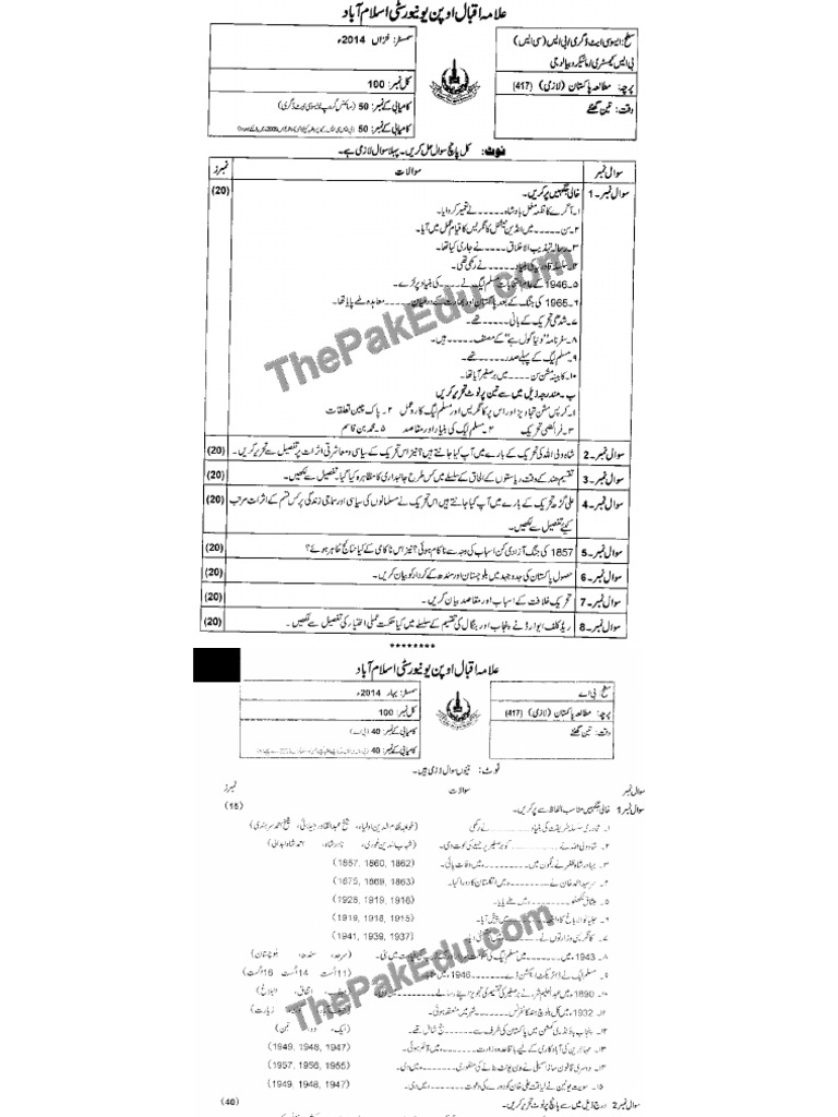 Pak Studies 417 Past Papers HD | PDF