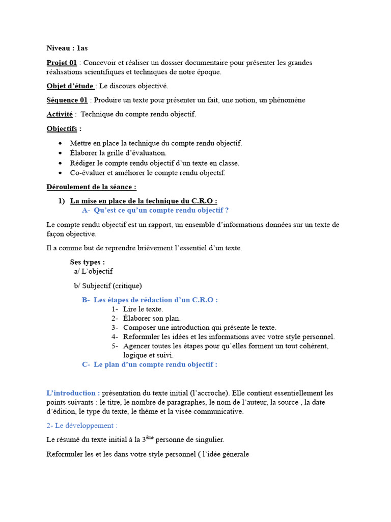Technique du Compte Rendu Objectif 2AS | PDF