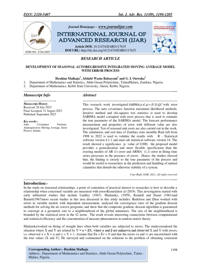Development of Seasonal Autoregressive Integrated Moving Average Model ...