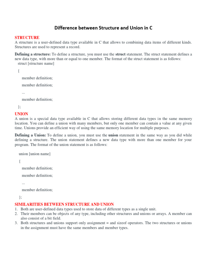 Unit-IV (Difference Between Structure and Union) | PDF | Parameter ...