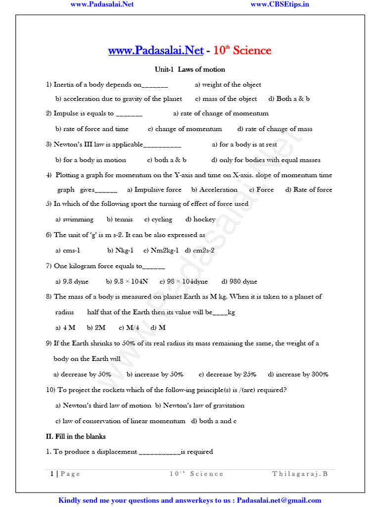 10th Science EM Book Back One Marks Question Paper English Medium PDF ...