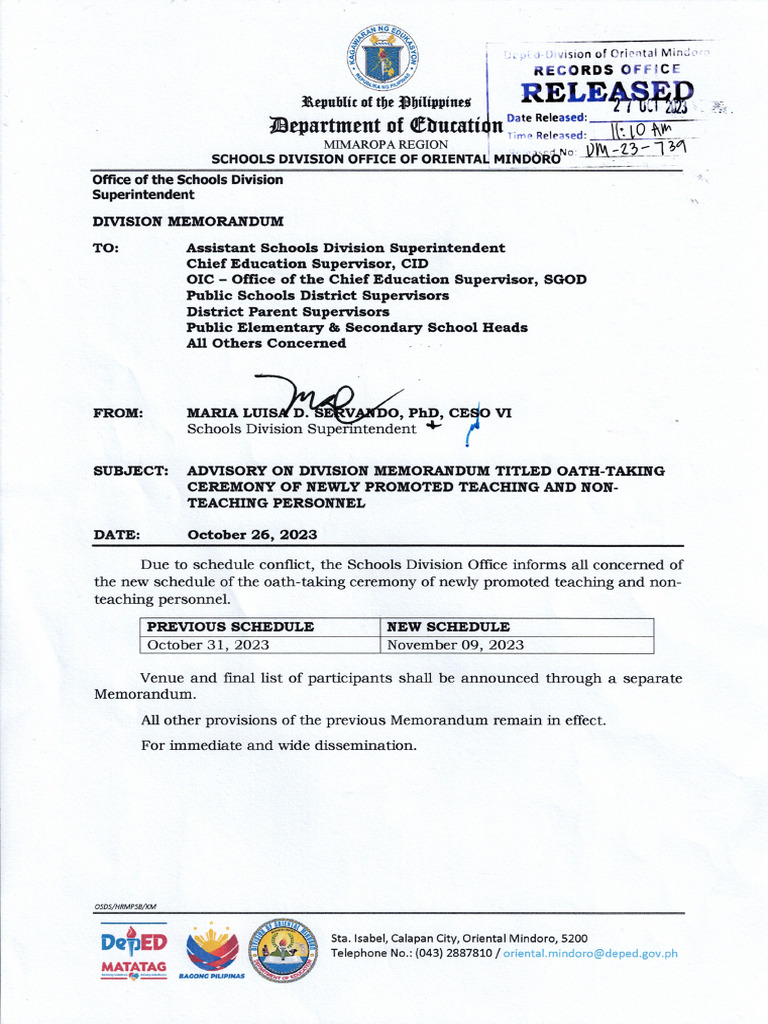 DM Advisory On Division Memorandum Titled Oath-Taking Ceremony of Newly ... DM Advisory On Division Memorandum Titled Oath-Taking Ceremony of Newly ...