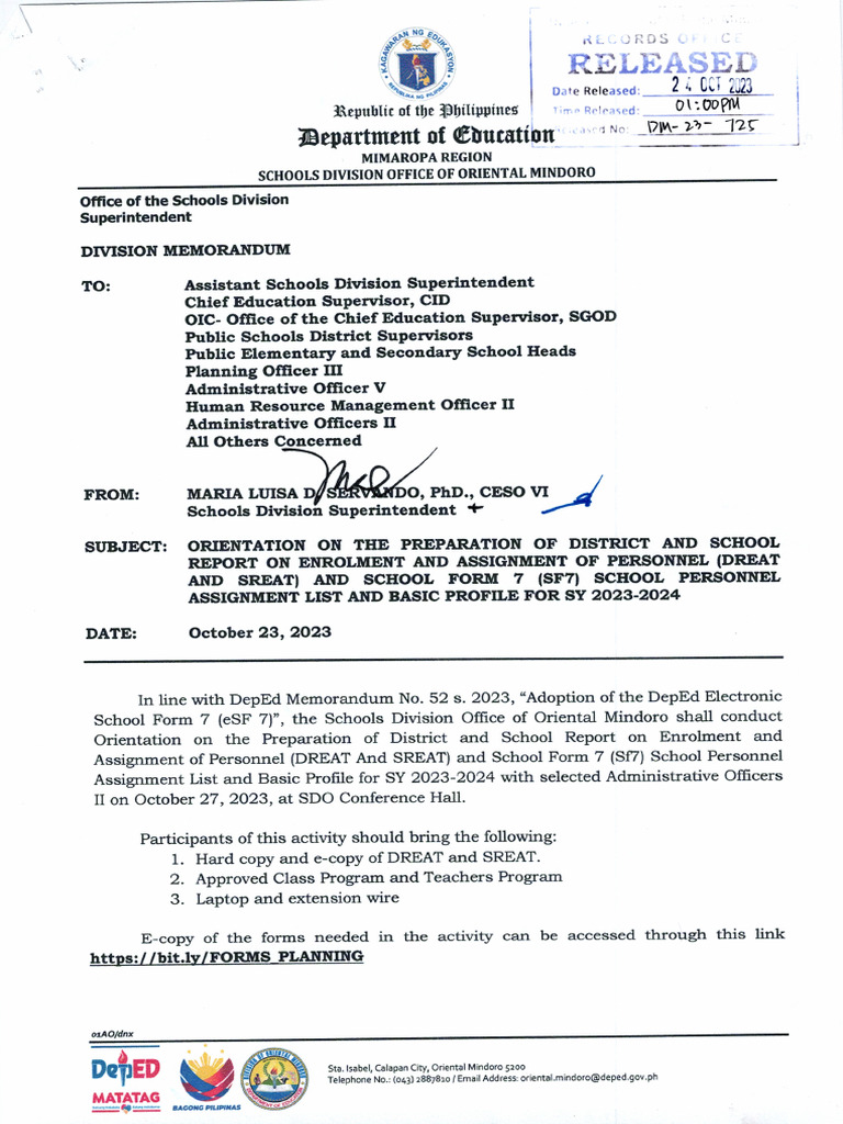 DM Orientation on the Preparation of District and School Report on ...