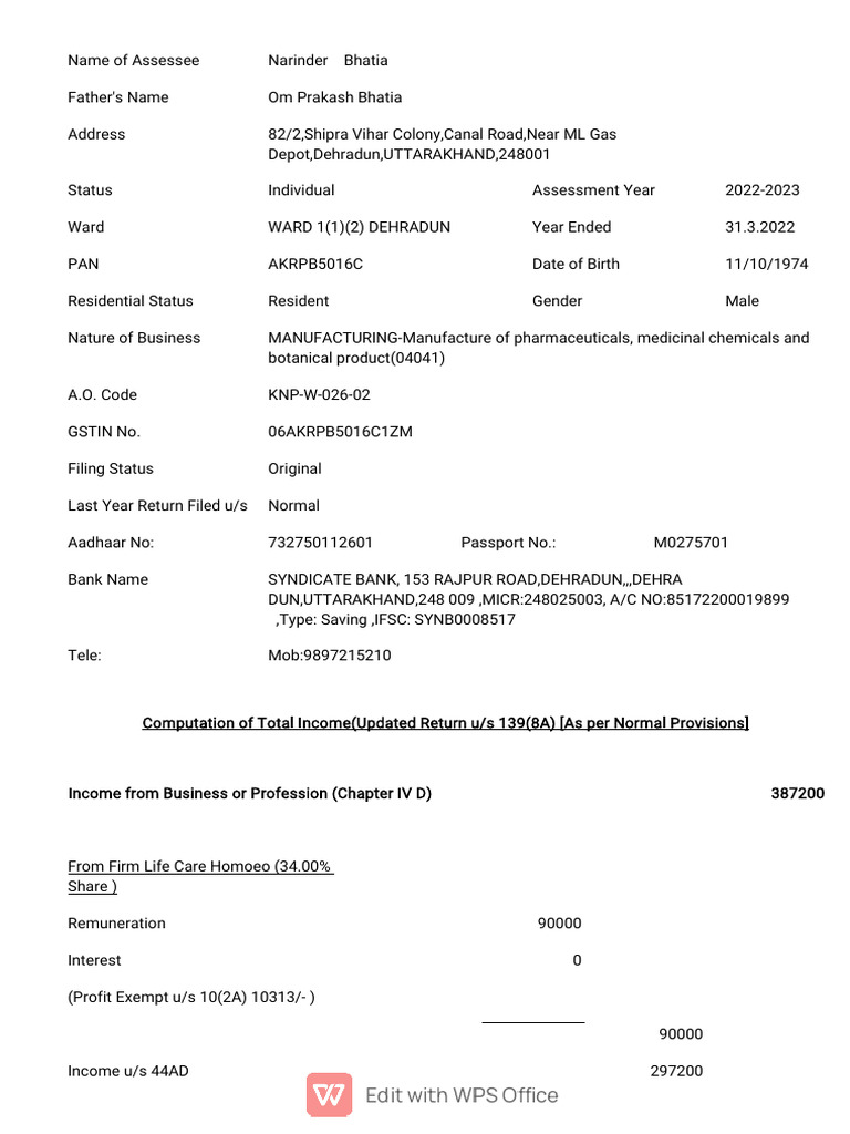 COI Narinder Bhatia 22-23 | PDF | Revenue | Taxes