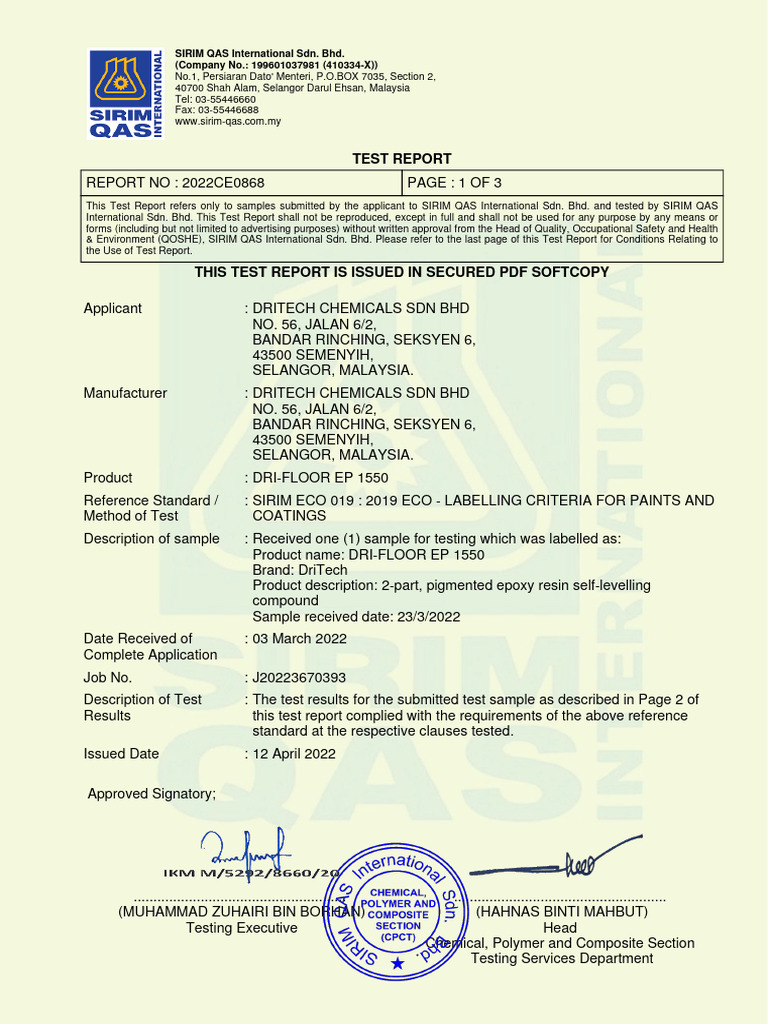 SIRIM Eco Label (Dri-Floor EP1550) | PDF | Physical Sciences | Chemical ...