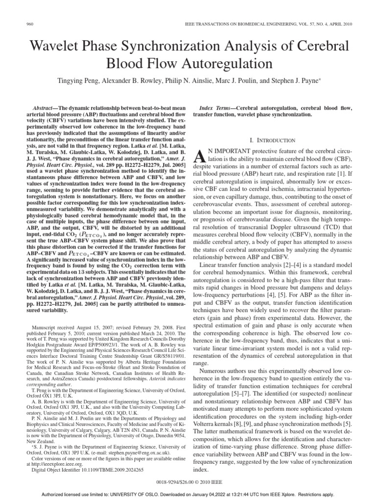 Wavelet Phase Synchronization Analysis of Cerebral Blood Flow ...