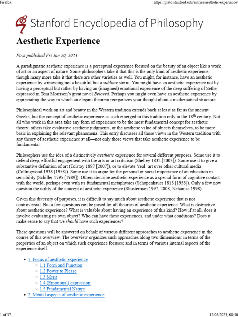 Aesthetics - Aesthetic Experience (Stanford Encyclopedia of Philosophy) | PDF