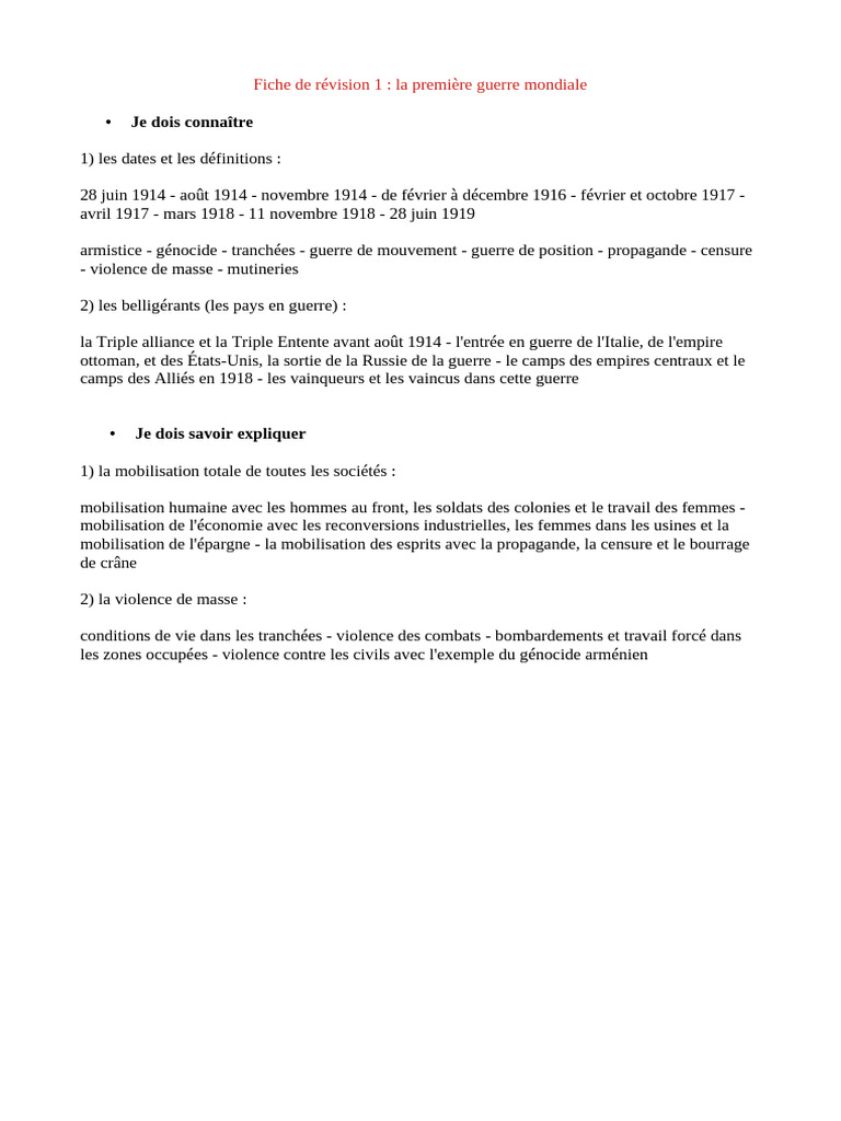 Fiche de révision : Première Guerre mondiale | PDF | Voyages | Histoire