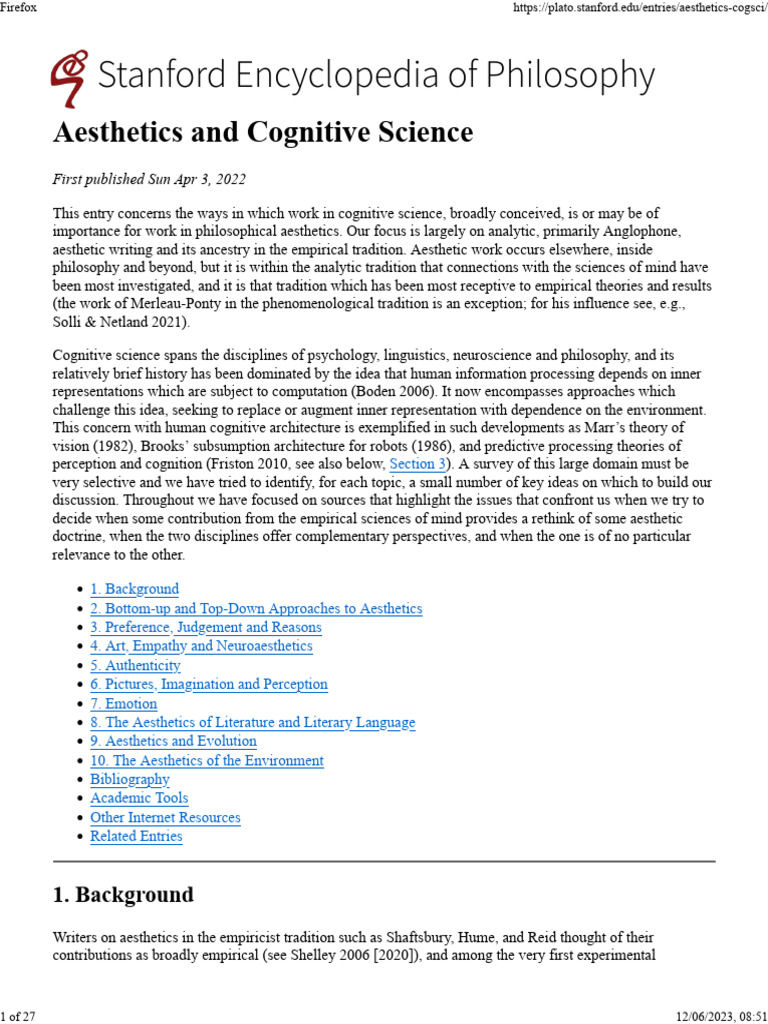 Aesthetics - Aesthetics and Cognitive Science (Stanford Encyclopedia of ...