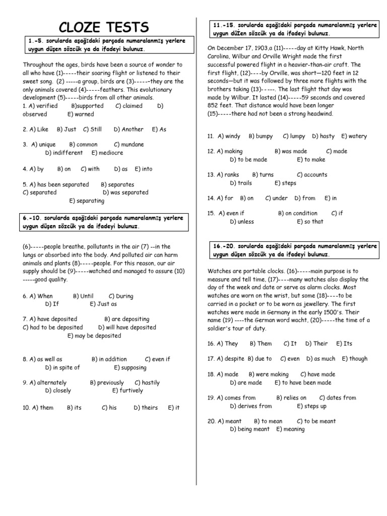 Cloze Tests | PDF | Wright Brothers | Underwater Diving