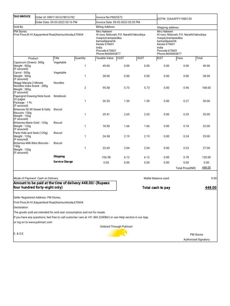 Amount To Be Paid at The Time of Delivery:448.00/ - (Rupees Four Hundred Forty-Eight Only) Total ...