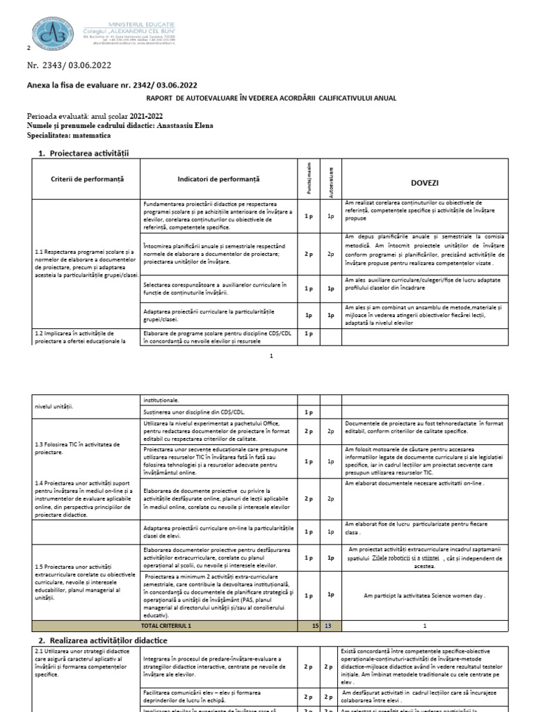 RAPORT de Autoevaluare Profesori, 2021 2022 | PDF
