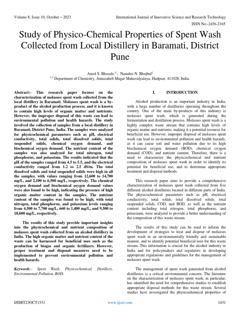 Study of Physico-Chemical Properties of Spent Wash Collected From Local ...