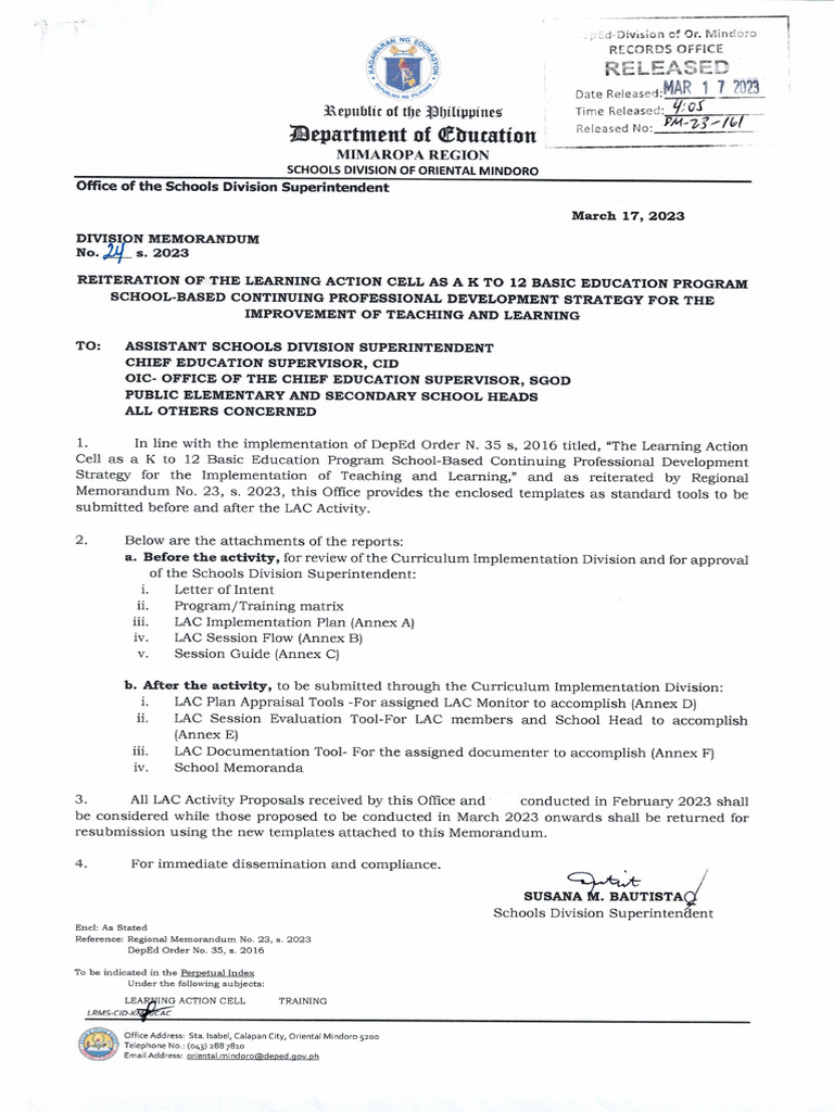 DM24 Reiteration of The Learning Action Cell As A K To 12 Basic Education Program School Based ...