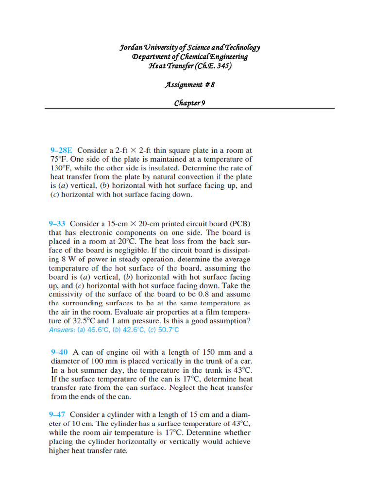 Suggested Problems (Chapter 9, Free Convection) | PDF