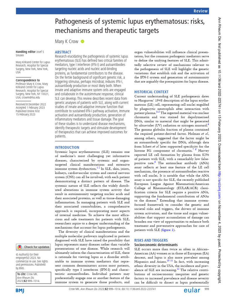 Pathogenesis of Systemic Lupus Erythematosus: Risks, Mechanisms and ...