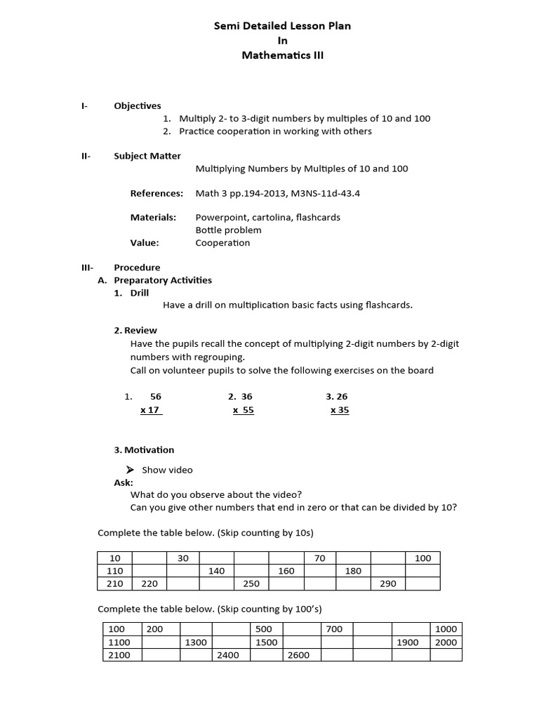 Semi Detailed Lesson Plan 3 Math Cot | PDF | Multiplication | Numbers