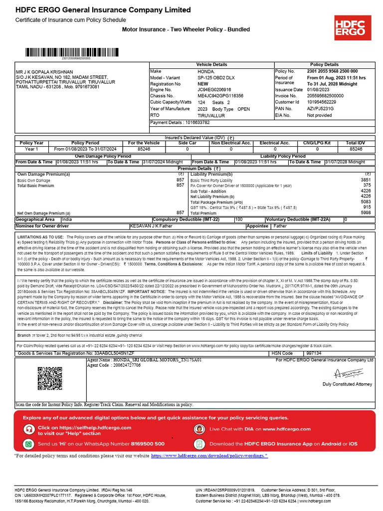 Honda SP-125 Insurance Policy Details | PDF | Insurance | Deductible