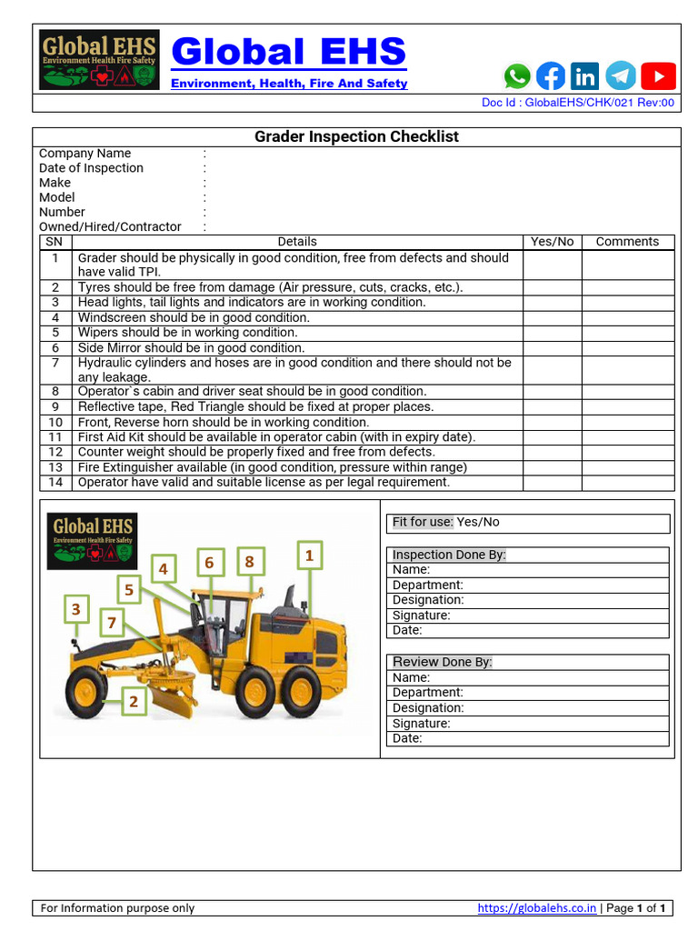 Grader Inspection Checklist | PDF | Automotive Technologies | Equipment