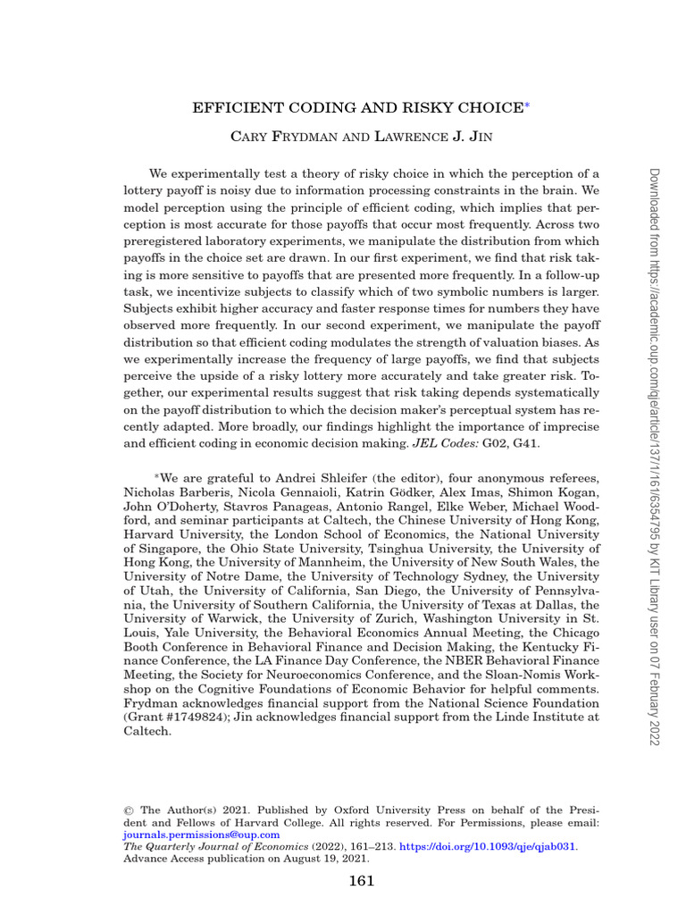EFFICIENT CODING AND RISKY CHOICE | PDF | Perception | Statistical Inference