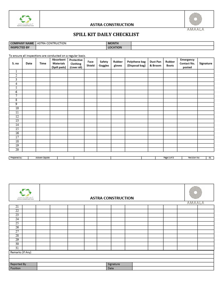 D8 SPILL KIT DAILY CHECKLIST Insert Logo - Monthly | PDF