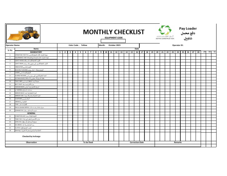 Equipment Monthly Checklist Payloader | PDF | Vehicles