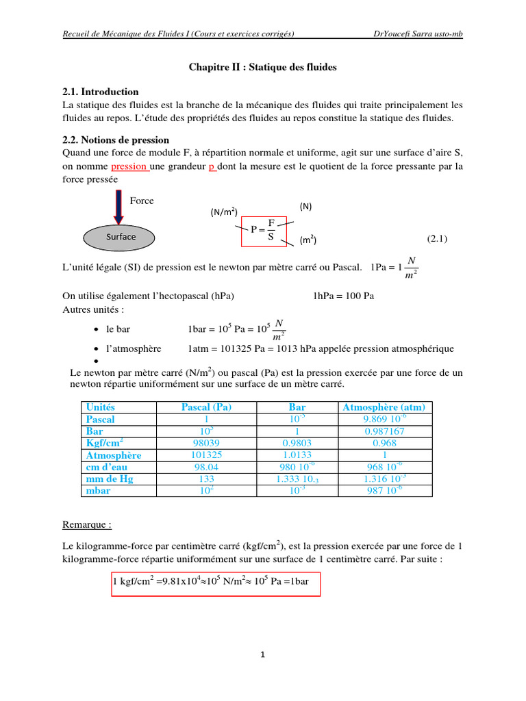Statique des Fluides : Concepts et Applications | PDF | Pression | Poids