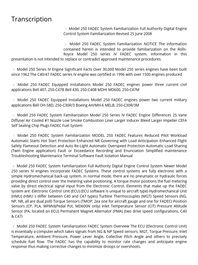 RR-Model 250 FADEC System Familiarization (Transcript) | PDF | Throttle ...
