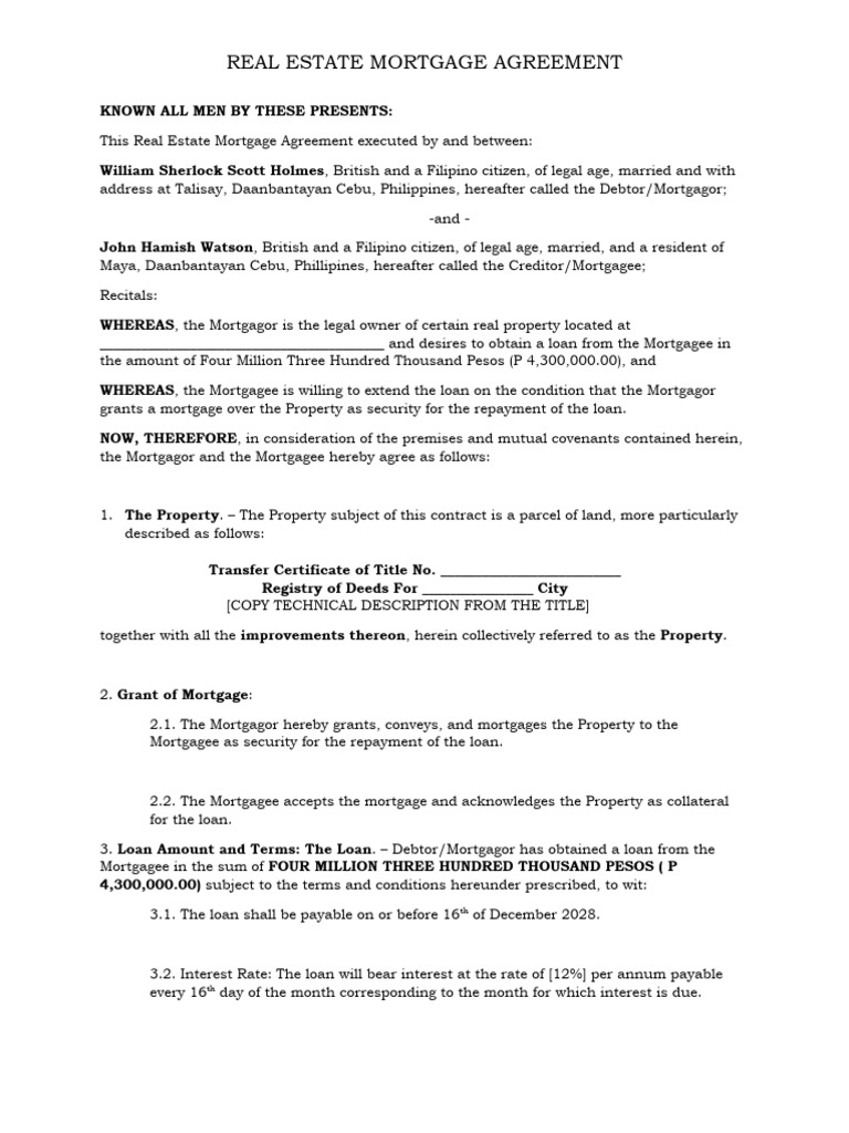Real Estate Mortgage Agreement Template | PDF | Mortgage Law | Foreclosure